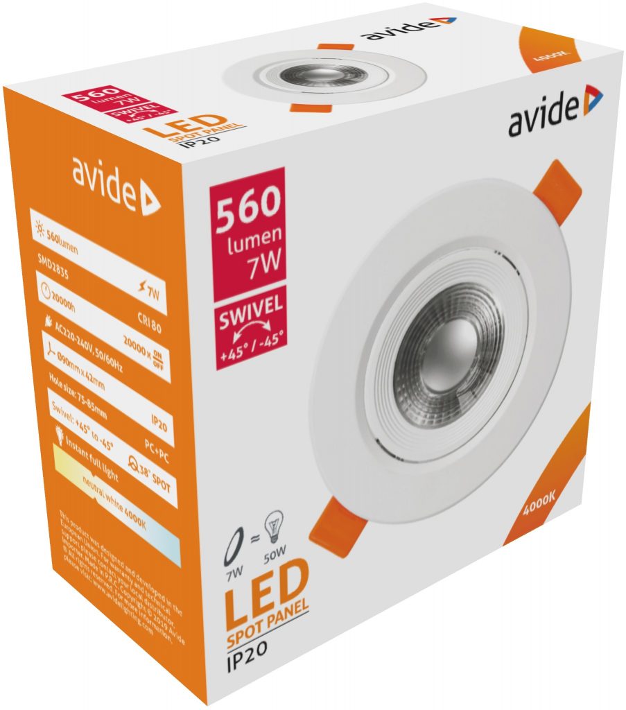 Iebūvējams LED gaismeklis 7W 560lm 38' 4000K 90mm AVIDE - DDT.lv